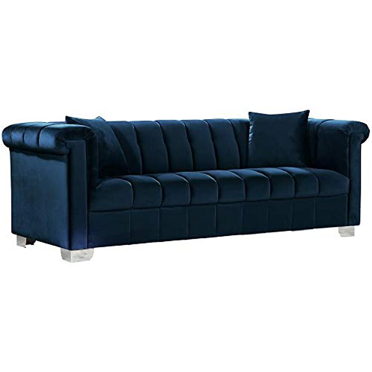 Meridian Furniture Kayla Collection Modern | Contemporary Velvet Upholstered Sofa with Deep Channel Tufting and Custom Chrome Legs, Navy, 90" W x 37" D x 31" H