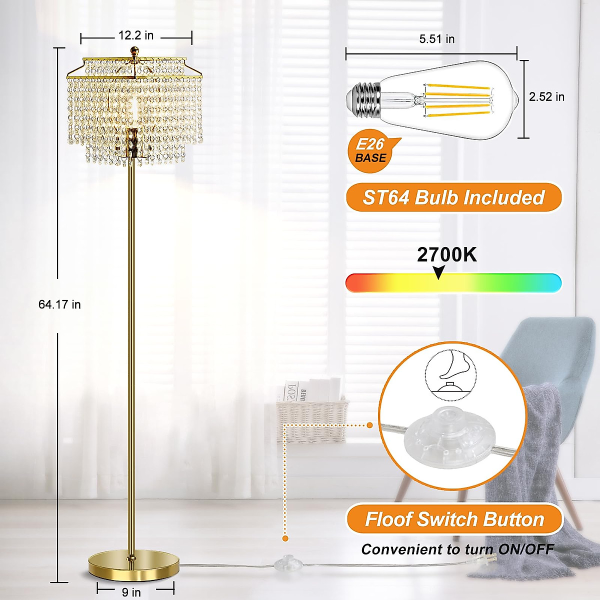 Luvkczc Crystal Floor Lamp Gold, Double-Layer Lampshade, Elegant Standing Lamp, Bedroom Standing Lights, Tall Standing Lamps for Living Room, Bedroom, Office, 8W LED Bulb Included