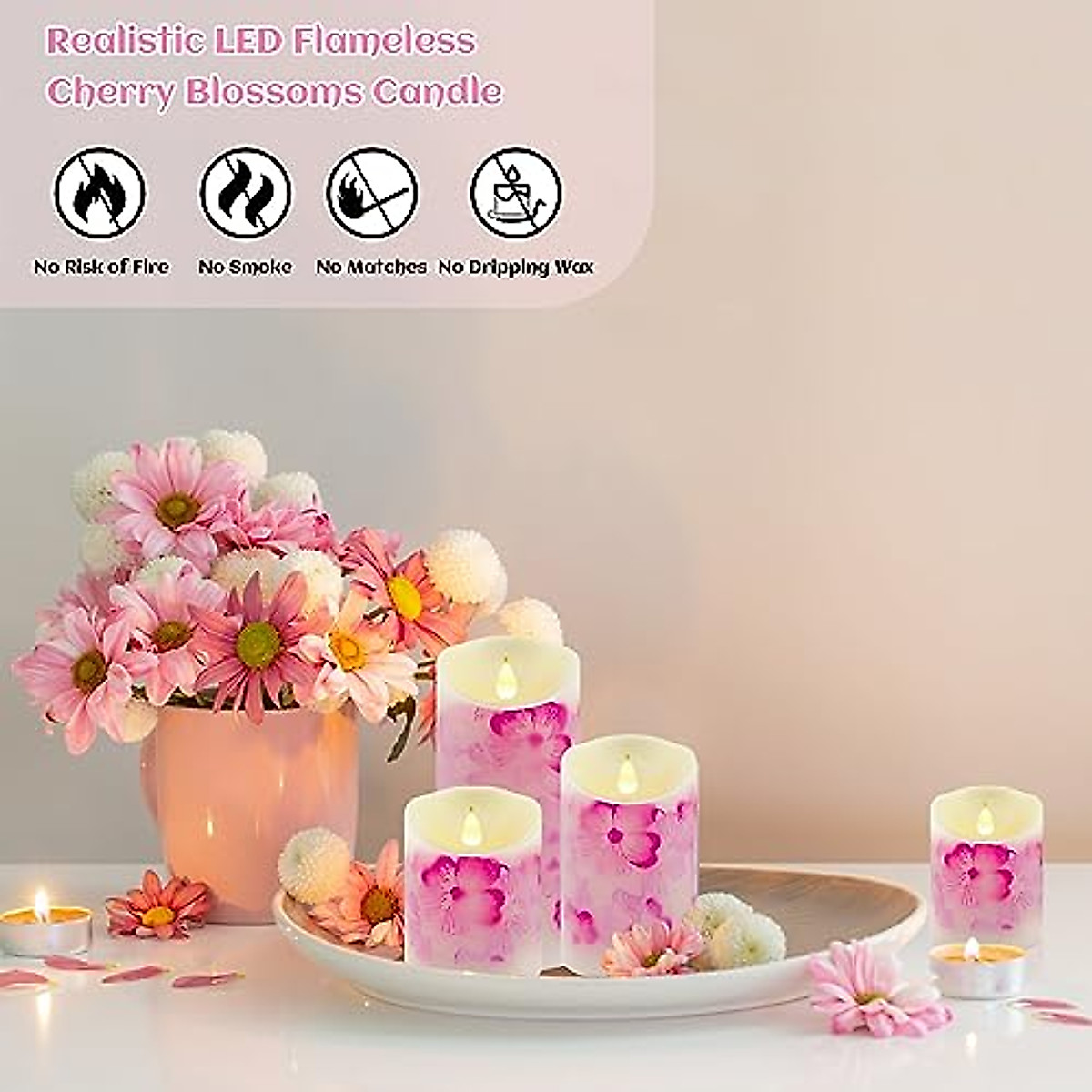 VEEKI Flameless Candles Lights, Set of 3 Cherry Blossoms Romantic LED Candles with Remote & Timer, Flickering LED Pillar Candles Battery Operated, Dimmable Electric Candles Gift for Mom Woman (Pink)