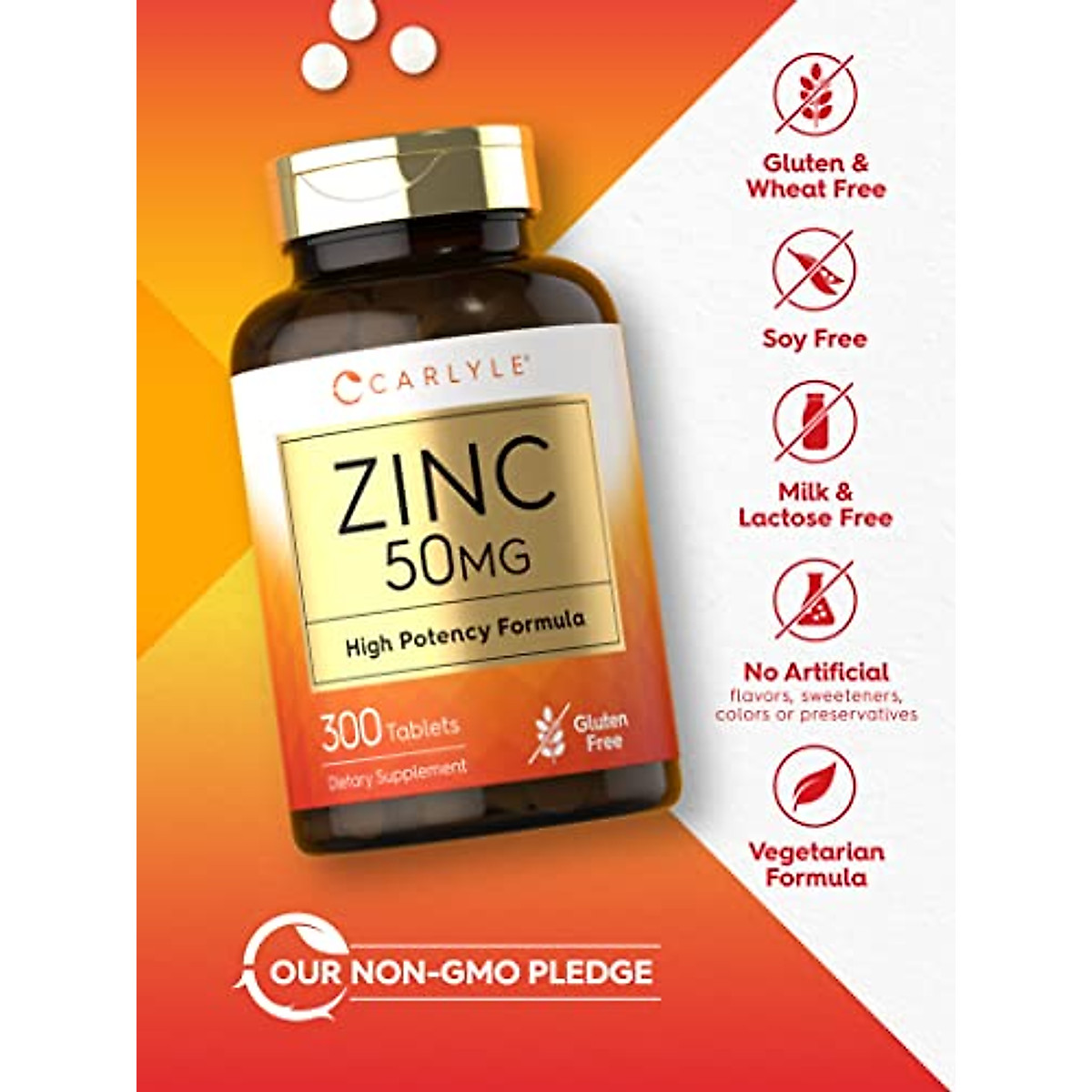 Zinc 50mg | 300 Tablets | Vegetarian, Non-GMO, and Gluten Free Supplement | Zinc Gluconate | High Potency Formula | by Carlyle