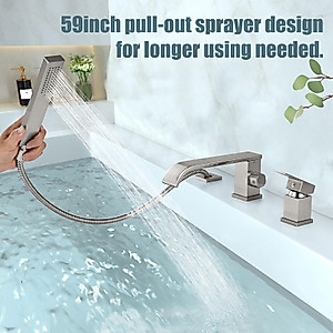 Aolemi Brushed Nickel Widespread Roman Bathtub Faucet Long Waterfall Spout Comportary Tub Filler with Handheld Spray Deck Mount Bathroom Shower Set 3 Hole Single Handle