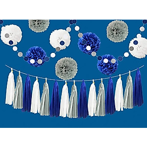 InBy 26pcs Tissue Paper Flower Pom Poms Party Decorations Kit Navy Blue Grey White Tassel Garland for Wedding First Birthday Bridal Baby Shower Graduation Bachelorette Party Supplies (12" 10" 8")