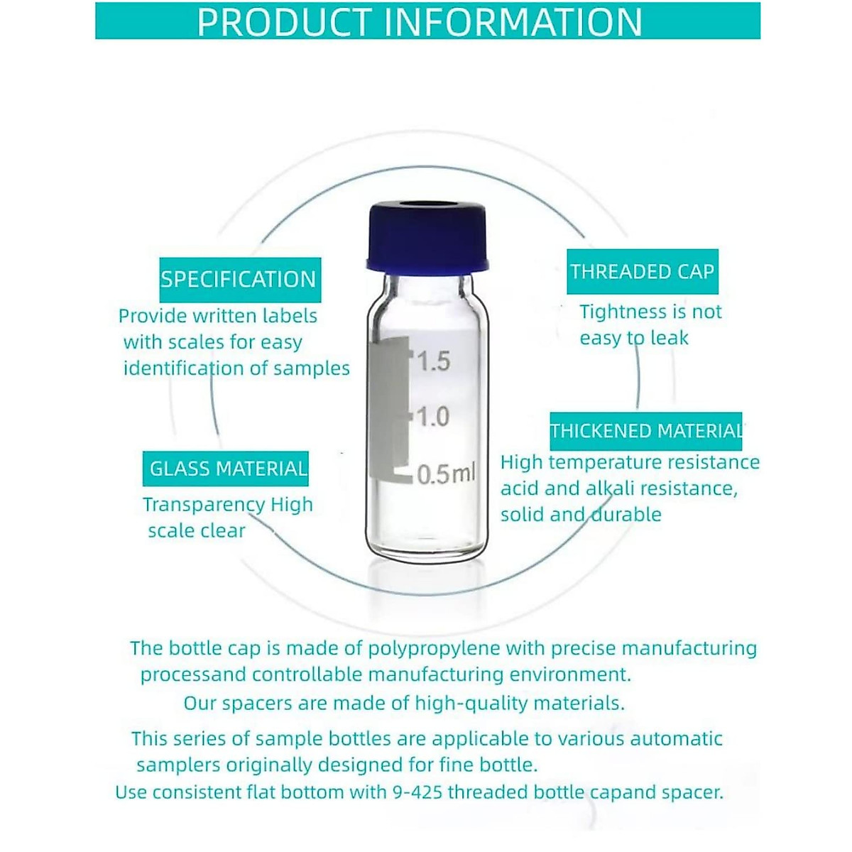 2ml HPLC Vial, 9-425 Borosilicate Autosamper Vial with Graduation, Clear Sample Vial and 9mm Blue Screw Cap with Hole, Red PTFE&White Silicone Septa, Pack of 100