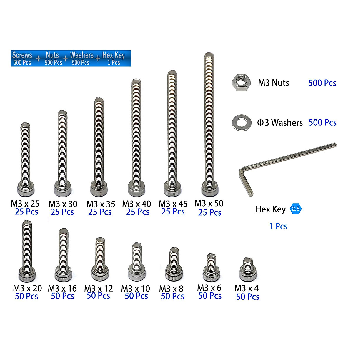 iexcell 1500 Pcs M3 x 4/6/8/10/12/16/20/25/30/35/40/45/50 Stainless Steel 304 Hex Socket Head Cap Screws Blots Nuts Washers Assortment Kit