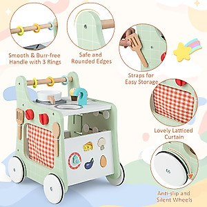 HONEY JOY Baby Push Walker, 6-in-1 Wooden Play Kitchen Walker Activity Center w/Shape Sorter, Develop Motor Skills & Creativity, Push Toys for Babies Learning to Walk, Gift for Boys and Girls