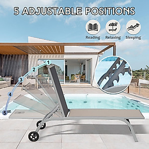 Domi Pool Lounge Chairs Set of 3, Adjustable Aluminum Outdoor Chaise Lounge with Wheels Patio Lounge Chairs with Side Table, All Weather for Deck Lawn Poolside Backyard-Khaki Textilene