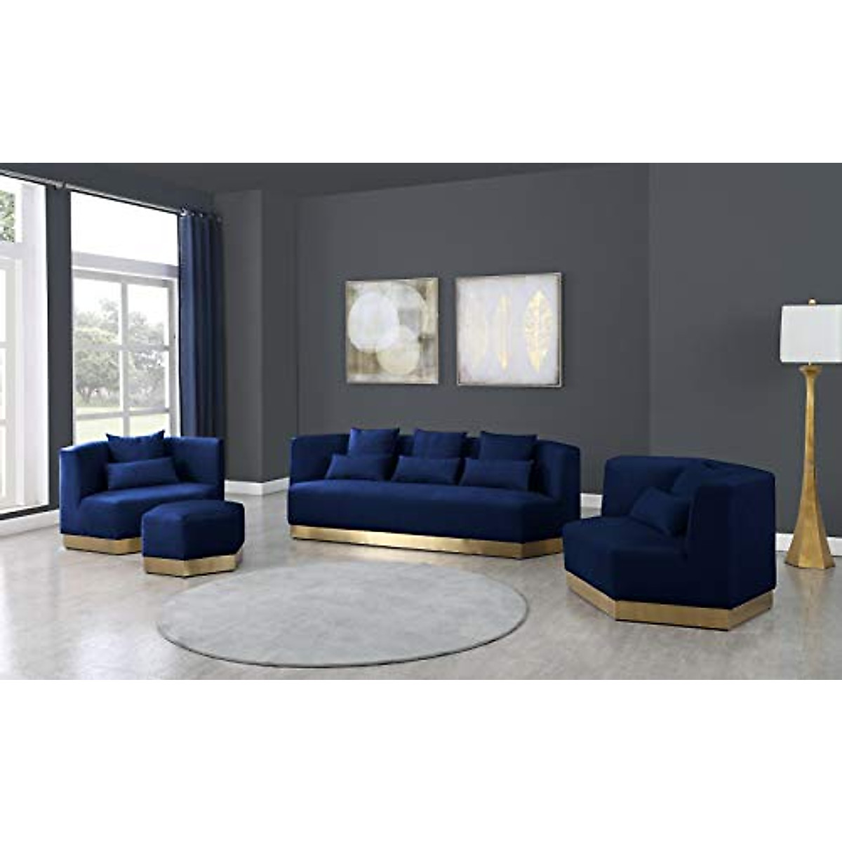 Meridian Furniture Marquis Collection Modern | Contemporary Velvet Upholstered Sofa with Stainless Steel Base in a Rich Gold Finish, 93" W x 38" D x 29" H, Navy