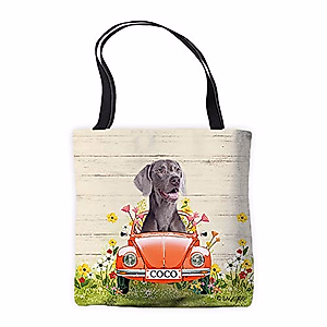 Personalized Spring Dog Tote Bag Funny Weimaraner Dog Driving a Vintage Car Summer Flowers and Lawn Funny Puppy Animal Pet Decor Shoulder Bag Handbag Casual Tote