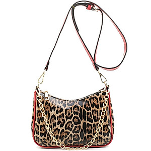Patent Vegan Leather Womens Girls Leopard Print Retro Vintage Chain Shoulder Bag Crossbody Purse (Red)