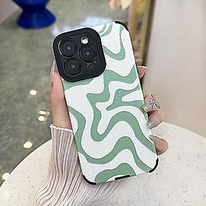 Sayoaho Designed for iPhone 14 Pro Phone Case, Soft PU Leather TPU and Cute Art Wavy Painted for Women Girls, Slim Protective Shockproof Compatible with iPhone Case (Green, iPhone 14 Pro)