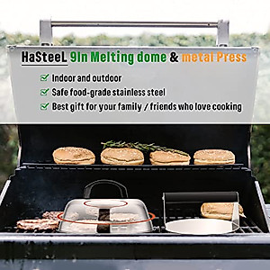 9In Melting Dome & 7In Burger Press, HaSteeL Round Basting Steam Cover with Stainless Steel Bacon Press, Metal Griddle Accessories for Flat Top Teppanyaki Hibachi Grilling Cooking BBQ, Easy to Clean