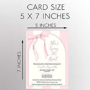 Bridal Shower Invitation Coquette Pink Bow She's Tying the Knot Classy Vintage Striped Customized Personalized Printed Cards (12 Count)