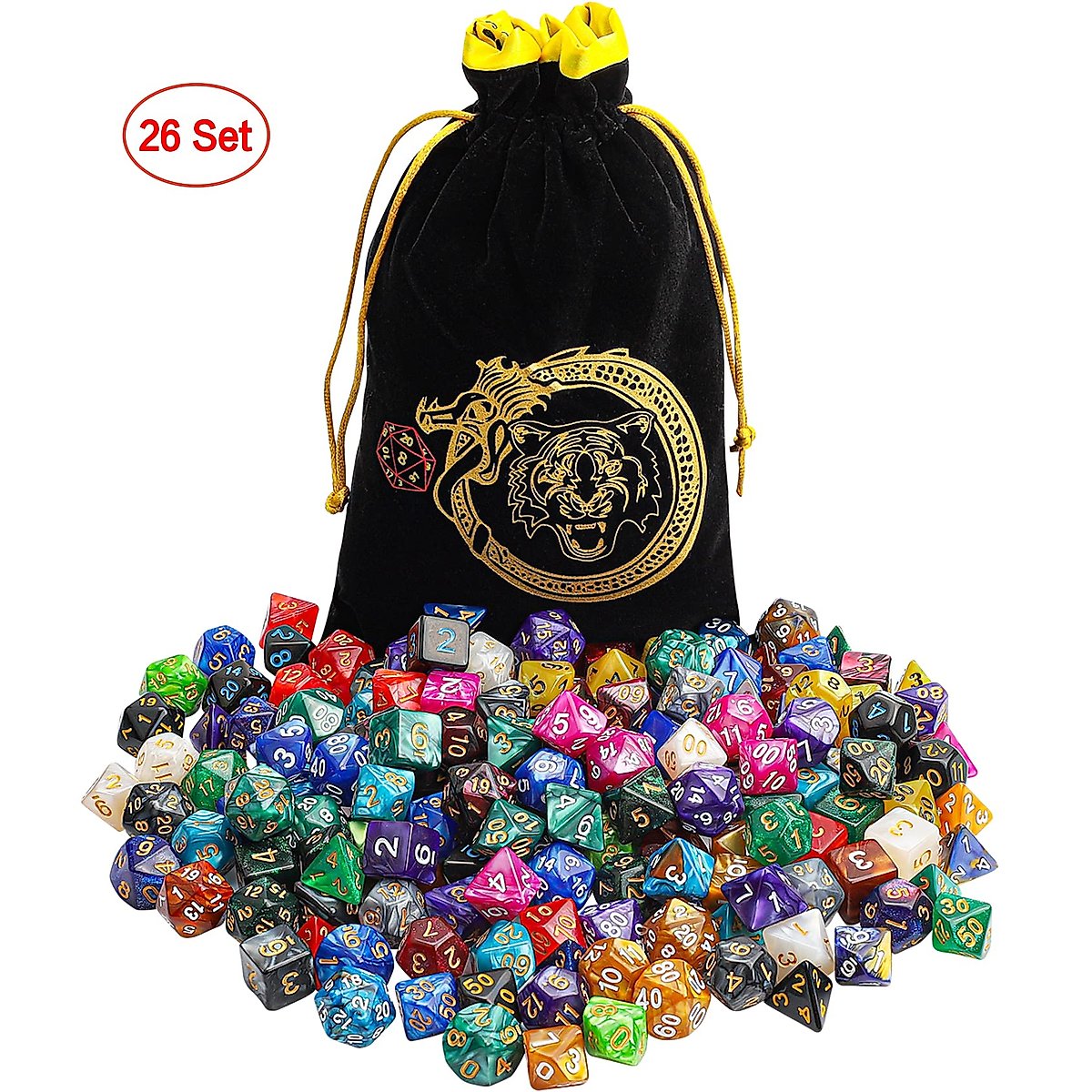 CiaraQ DND Dice Sets - 26 X 7 Polyhedral Dice (182pcs) with a Large Drawstring Bag Great for Dungeons and Dragons, Role Playing Table Game.