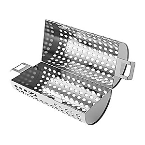 KEESHA BBQ Roller Grill Basket Vegetables & Fish Grill Basket - BBQ Grill Cooking Accessories for Outdoor Grill for Smokers / Pellet Grills / Charcoal Grills / Gas Grills - Perfect Grilling Gifts for Men, Stainless Steel