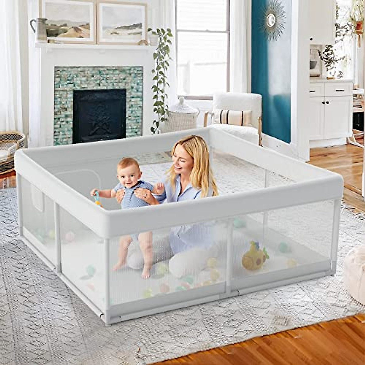 Fodoss Baby Playpen, Playpen for Babies and Toddlers, 47x47inch Small Baby Play Pen, Play Yard for Baby, Extra Large Baby Playard & Sassy Stacks of Circles Stacking Ring STEM Learning Toy