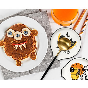 Whaline 2Pcs 4.7inch Halloween Ceramic Spoon Rest Spooky Pumpkin Black Cat Small Coffee Spoon Holder for Coffee Stirrers Teaspoon Bar Spoon Coffee Station Bar Accessories