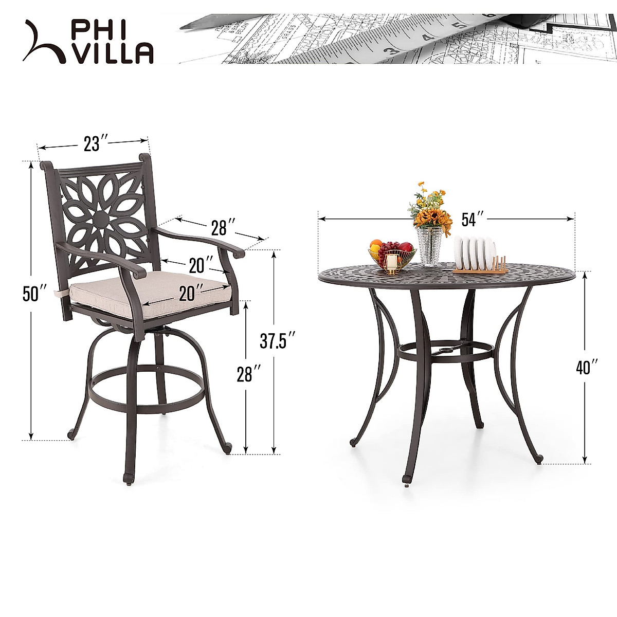 PHI VILLA Cast Aluminum High Bar Dining Set for 6 Person, 7 Piece Outdoor Patio Set with 54" Dia Cast-Top Aluminum Table(2.1" Umbrella Hole) and 6 Outdoor Swivel Bar Stool Chairs with Seat Cushions