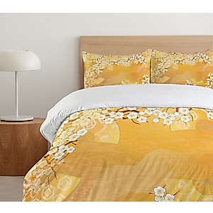 Ambesonne East Duvet Cover Set, Japanese Cherry Blossom Sakura Tree Branches Blooms Art, Decorative 3 Piece Bedding Set with 2 Pillow Shams, Queen Size, Marigold and Cream