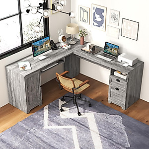 GOFLAME 66 Inch L-Shaped Computer Desk, Spacious Corner Desk w/Drawers, Cabinet & Keyboard Tray, Executive Office Desk, Study Gaming Workstation for Home Office (Gray)