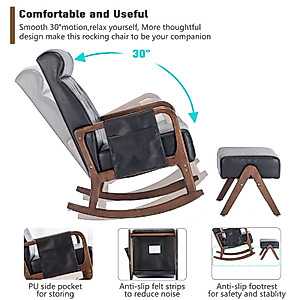 Neylory Rocking Chairs Nursery with Ottoman, Mid-Century Style Upholstered Glider Rocker with High Backrest for Living Room Bedroom Office, Side Pocket, PU Leathaire (Retro Black)