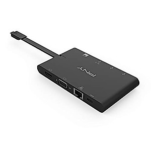 PNY 9 in 1 Mini Portable USB-C Power Hub with Integrated USB-C Cable for USB-C Compatible Devices with 2xUSB-C Ports, 2xUSB-A 3.1 Ports, 1xHDMI Port, 1xVGA Port, SD/microSD Slots, PNY Mini USB-C Hub