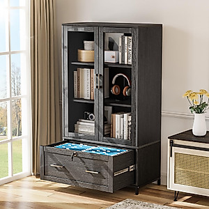 VINGLI Lateral File Cabinet with Glass Doors and Locking Drawer for Hanging File Folders, Bookshelf with Adjustable Shelves for Home Office (Black, 30''W x 16''D x 55''H)