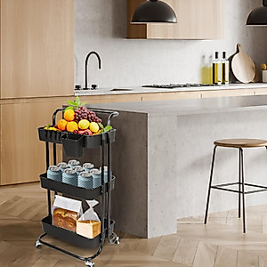 Rolling Metal Cart Kitchen Vegetable Fruits Rack Stand Movable Multi-Purpose Storage Shelf Trolley 3-Tier Utility Cart with Wheels (Black)