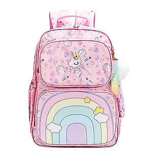 Uamdrup 16inch Pink Rainbow Backpack, Cute Unicorn Waterproof Durable BookBag Lightweight Causal Daypack For Travel Outdoor