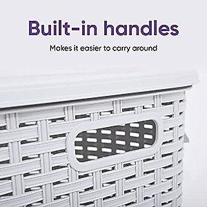 Plastic Corner Laundry Hamper with Lid, Curved Designed Laundry Basket, 2 Pack White Smoke Cloths Hamper Organizer with Cut-out Handles for Laundry Room Bedroom Bathroom, Wicker Design, 50 Liter