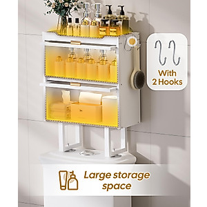 Cozivolife Over The Toilet Storage Cabinet,Bamboo Bathroom Organizer Rack with Lid and 2 Hooks,Space Saver Shelf for Bathroom,No Drilling Design Wall Mounted (White, L)