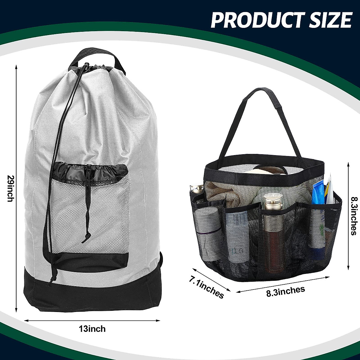 Panelee 2 Pcs Mesh Shower Caddy Laundry Backpack Large Laundry Bag Mesh Shower Bag with 8 Pockets Portable Laundry Travel Bags Tote for College Room Bathroom Shower Essentials Storage (Black, Gray)