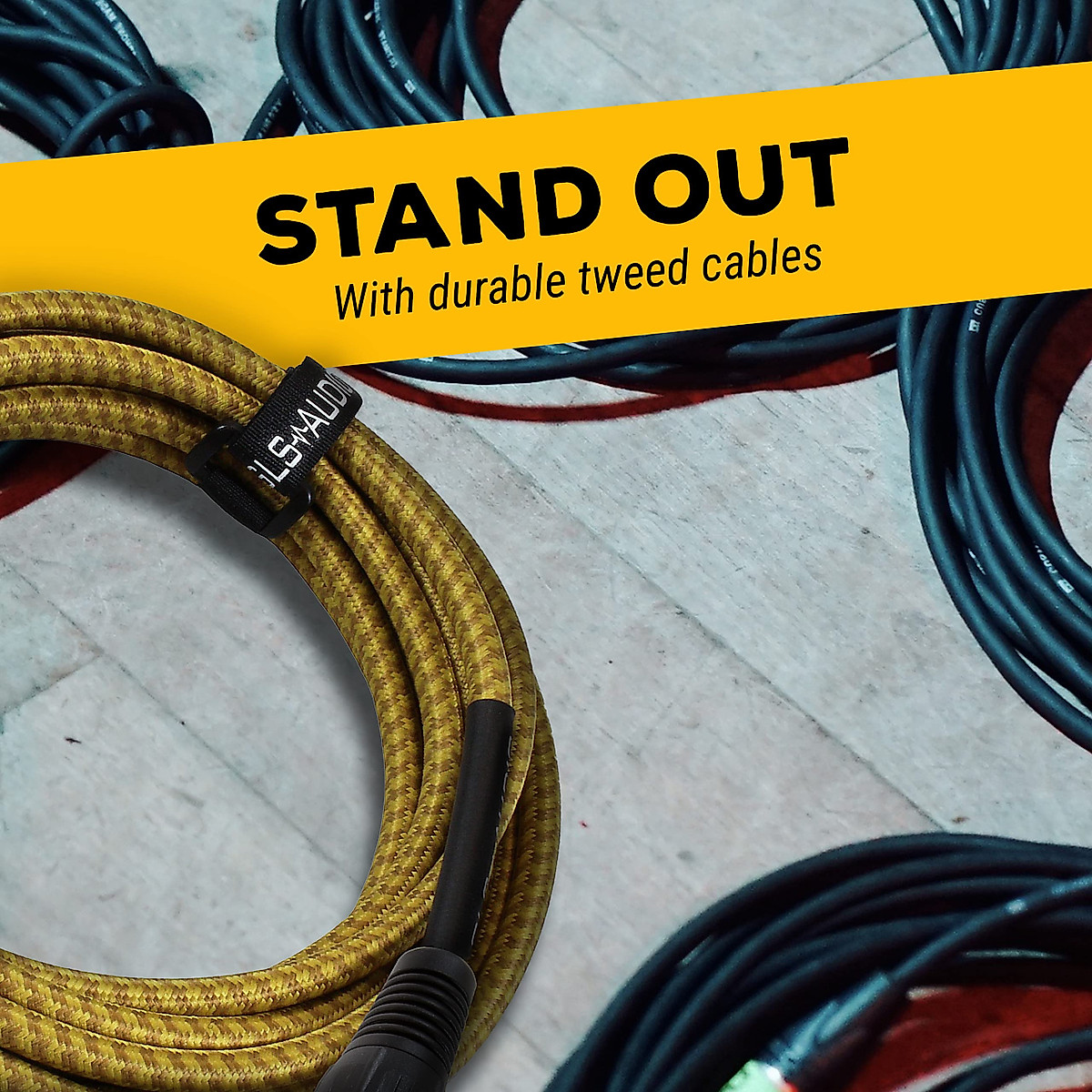 GLS Audio 15 Foot Mic Cable balanced XLR patch Cords XLR male to XLR Female 15 FT microphone Cables Brown Yellow Tweed Cloth Jacket - 15 Feet Mike P