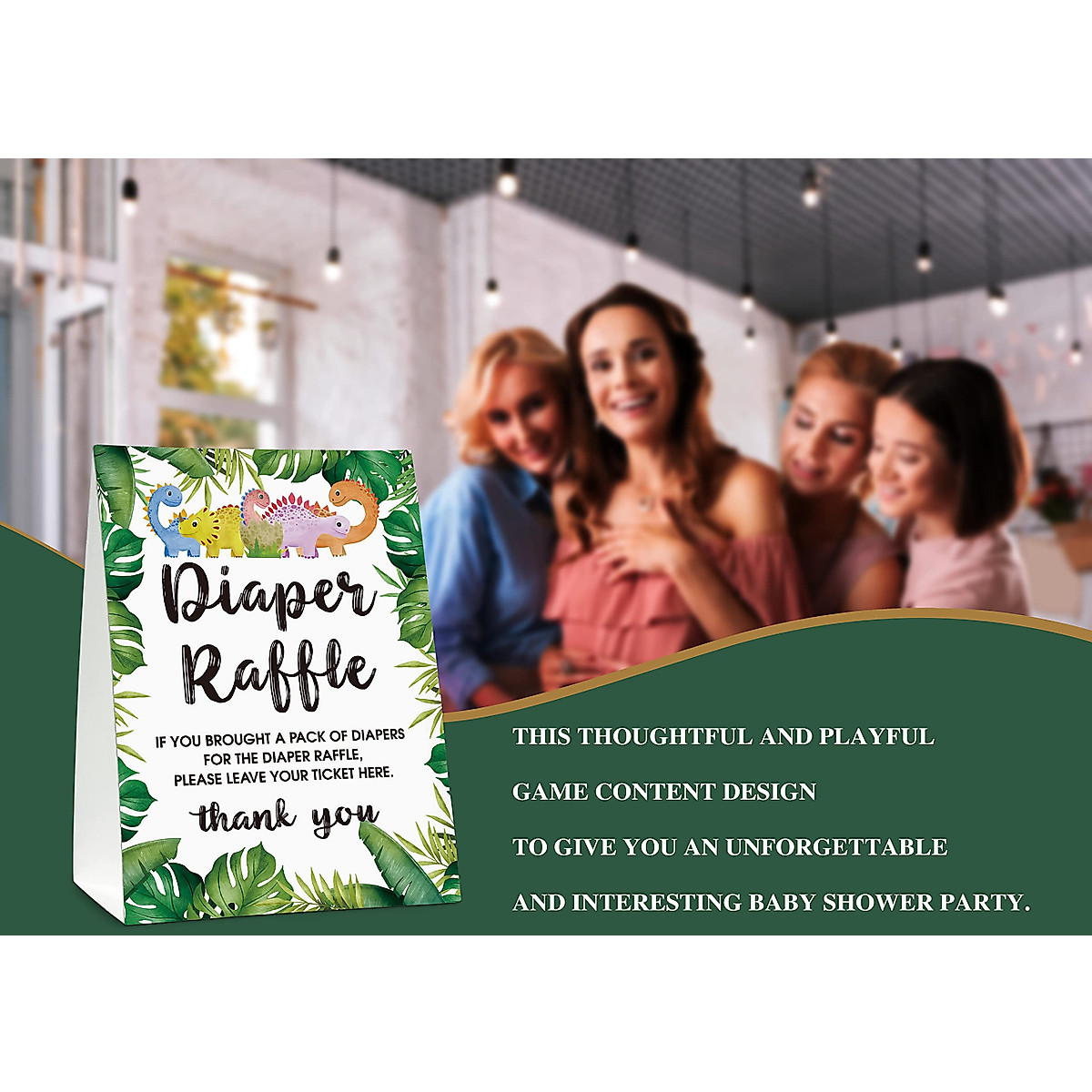 Diaper Raffle Baby Shower Game Set(1 Standing Sign + 50 Guessing Cards), Dinosaur Theme Diaper Raffle Tickets for Baby Shower, Safari Jungle Baby Shower Party Favor Decor - A18