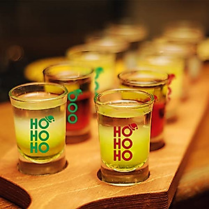 Ho Ho Ho - 6 Red and 6 Green Christmas Shot Glasses - Set of 12 Glass Party Shot Cups with Double-Sided Prints - Holiday Cocktail Glasses for Drinking Liquor, Tequila, Vodka