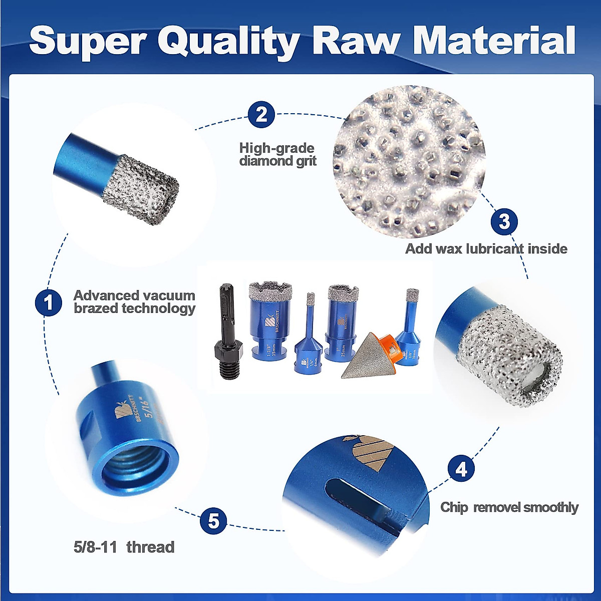 Diamond Core Drill Bit Set - 6/8/25/35 Diamond Hole Saw & for Porcelain Tile Ceramic Marble Granite Drilling 1-3/8"Diamond Chamfer bit with 5/8-11 Thread&Adapter