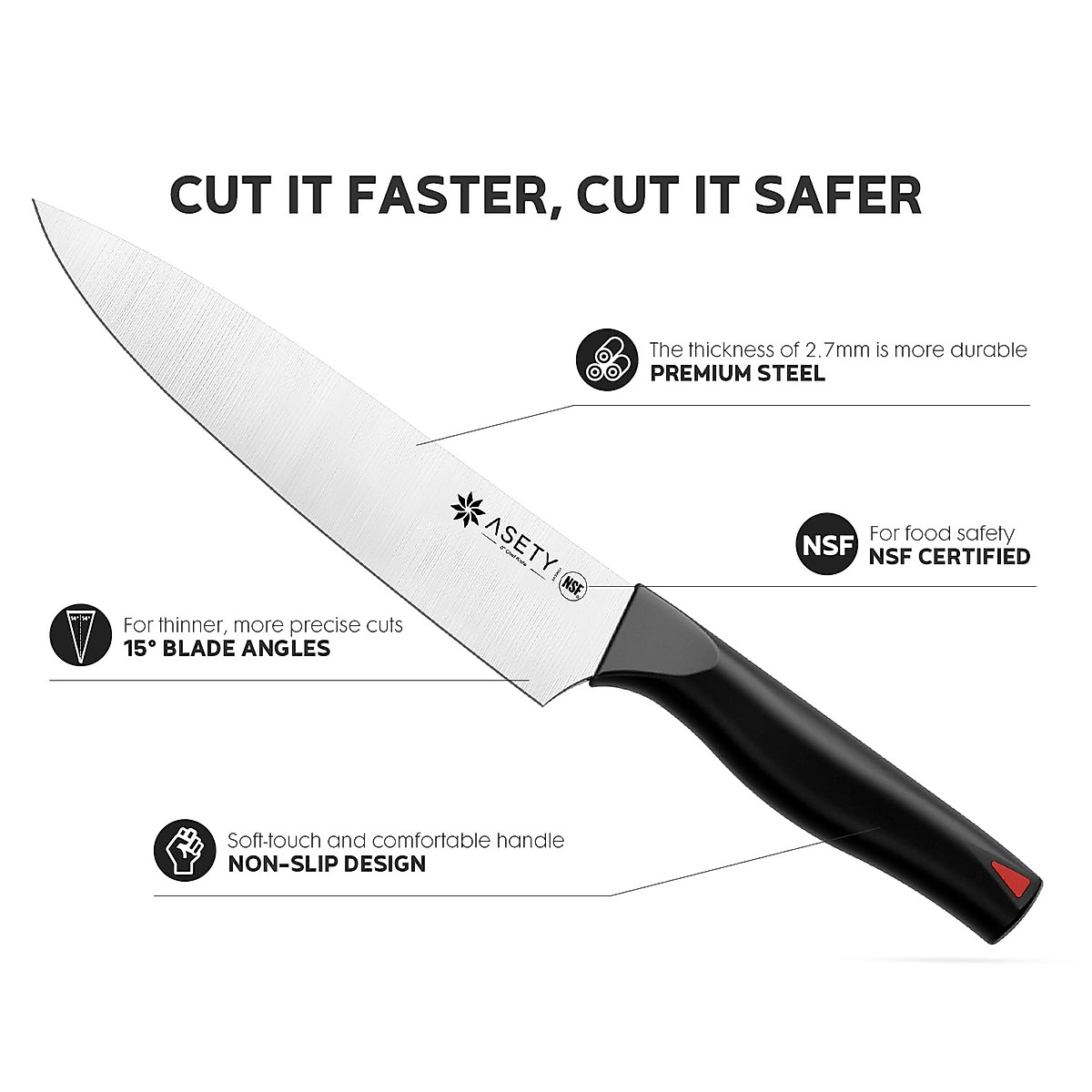 ASETY Knife Set, 15 PCS Kitchen knife Set with Bulti-in Sharpener Block, High Carbon Stainless Steel Knife Block Set, NSF Food Safe, Dishwasher Safe Knife Sets for Kitchen, Black, Gift Box