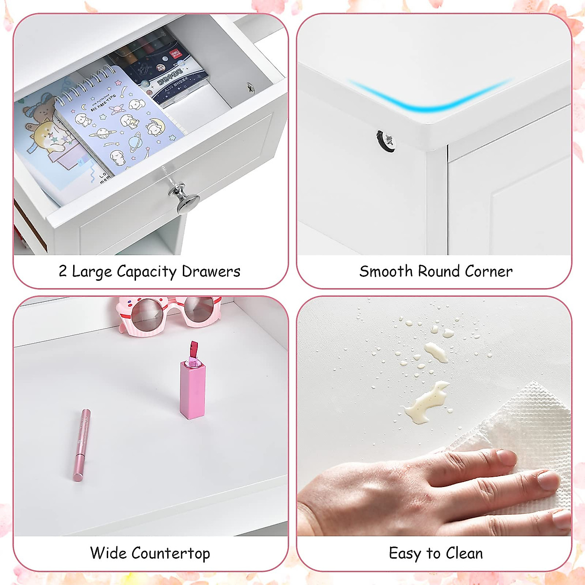 AKUSTIK Kids Vanity, 2 in 1 Wooden Princess Makeup Table and Chair for Toddlers with Tri-Folding Detachable Mirror, Storage Drawers for Little Girls, Pretend Beauty Dressing Desk Play Set Toy Gift