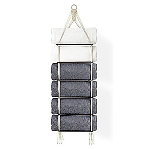 Mkono Macrame Towel Holder Over The Door Towel Rack for Bathroom Storage for Rollded Towels Hand Towels, 6 Tier Scarf Hanger Wood Hanging Shelves for Bedroom Living Room Entry