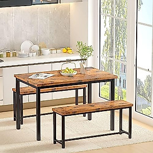 Hooseng Kitchen Table Set with Two Benches, Dining Table Set for 4-6 Persons, Space-Saving 47 Inch Small Kitchen Table Set for Breakfast Nook, Living Room, Apartment, Restaurant, Rustic Brown