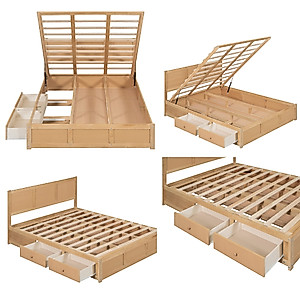 Queen Lift Storage Bed,Wooden Platform Bed with Storage and 2 Drawers Below with Fabric Headboard and Wood Slat Support, Hydraulic Storage System for Kids Teens and Adults,, Easy Assembly (Queen)