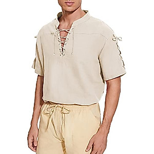 Men's Pirate Shirt Renaissance Medieval Retro Steampunk Gothic Viking Lace up T Shirt Ren Faire Halloween Costume Top 01 Beige Medium