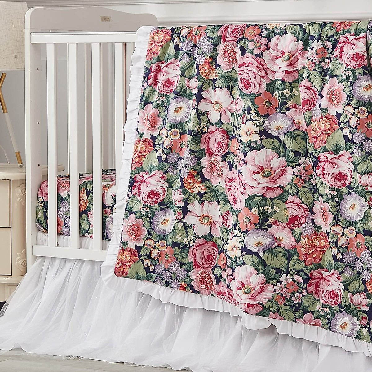 Brandream 3-Piece Crib Bedding Sets for Girls Garden Allure Blossom Floral Baby Nursery Set | Crib Comforter, Fiited Crib Sheet, White Tulle Lace Crib Bed Skirt, Pink Purple Green,100% Cotton