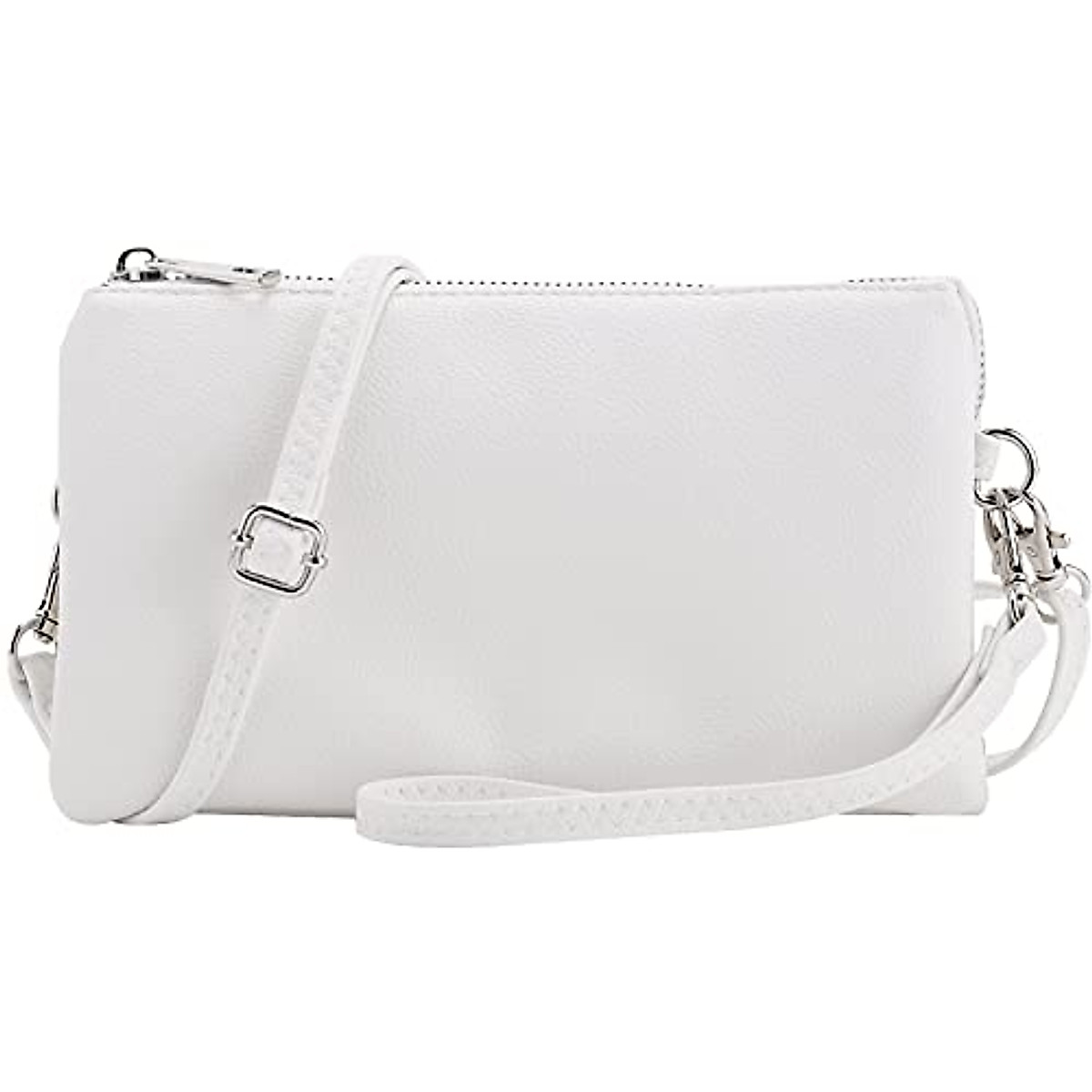 B BRENTANO Vegan Leather Multi-Pocket Interchangeable Crossbody Purse to Clutch with Card Slots, Removable Wristlet Strap and Adjustable Shoulder Strap (White Silver)