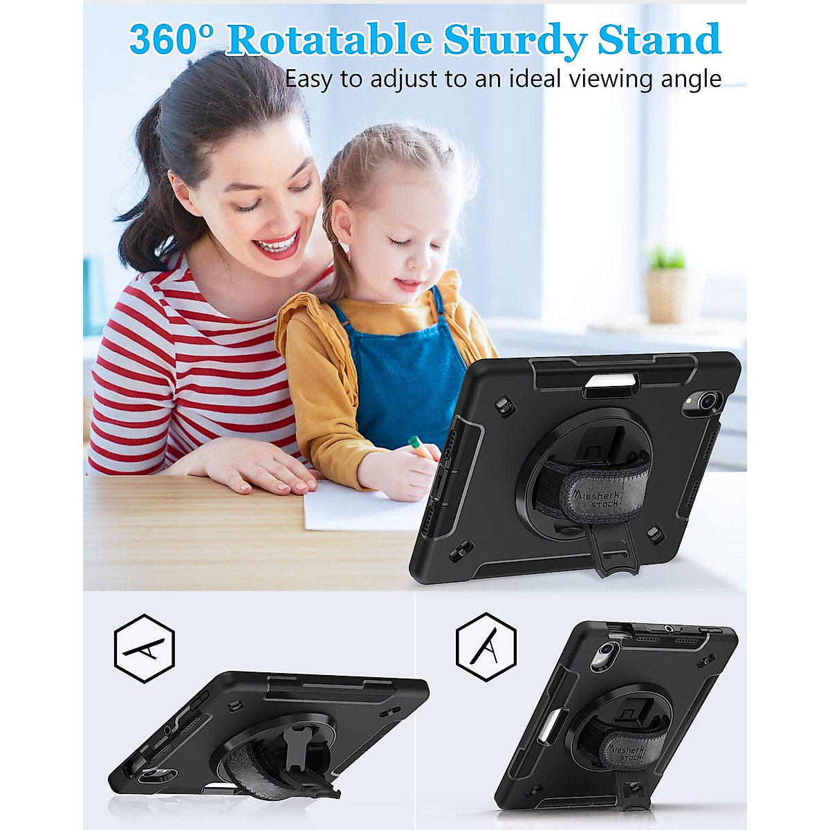 Case for iPad Mini 6 2021: Military Grade Shockproof TPU Protective Cover for Kids iPad Mini 6th Generation 8.3 Inch with Screen Protector- Stand + Handle + Shoulder Strap + Pencil Holder- Black