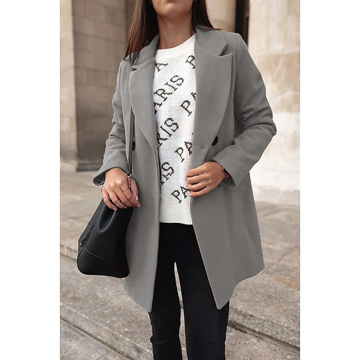 Women Duffle Coat Peacoat Double-Breasted Notch Lapel Button-Down Jacket Solid Color Plain Thigh-Long Trench Outerwear Windbreaker(A Light Grey,2XL)