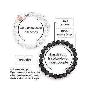 POSHFEEL 8mm Natural Stone CZ Micro Pave Crown King Queen Beads His and Hers Couple Bracelet, 7.5" (Black&White-2)