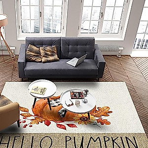 OComster Thanksgiving Rectangle Shape Large Area Rugs - 4 x 6 Feet Fall Hellow Pumpkin Bow Orange Burlap - (Non-Woven + Rubber) Low File Floor Mat