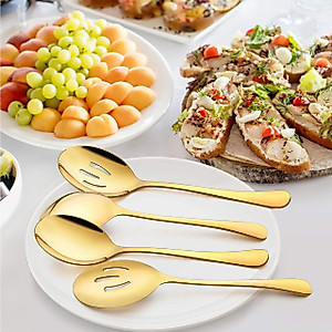LIANYU 8-Piece Large Gold Serving Spoons, Gold Slotted Serving Spoons, 9.8Inch Stainless Steel Serving Utensils for Party Buffet Restaurant Banquet Dinner Catering, Dishwasher Safe
