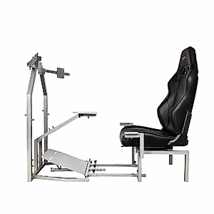 GTR Simulator CRJ Model Flight Simulator Silver Frame with Adjustable Majestic Black Leatherette Seat Flight Simulation Cockpit with Dual Control Mount and Triple | Single Monitor Stand