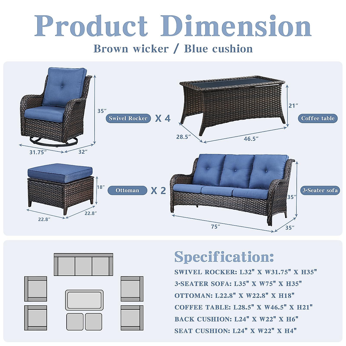 Belord Wicker Patio Furniture Sets - 8 Piece Rattan Outdoor Furniture Conversation Sets with 4 Swivel Rocker Chairs, Rattan Sofa, Wicker Ottomans and Coffee Table, Brown/Blue